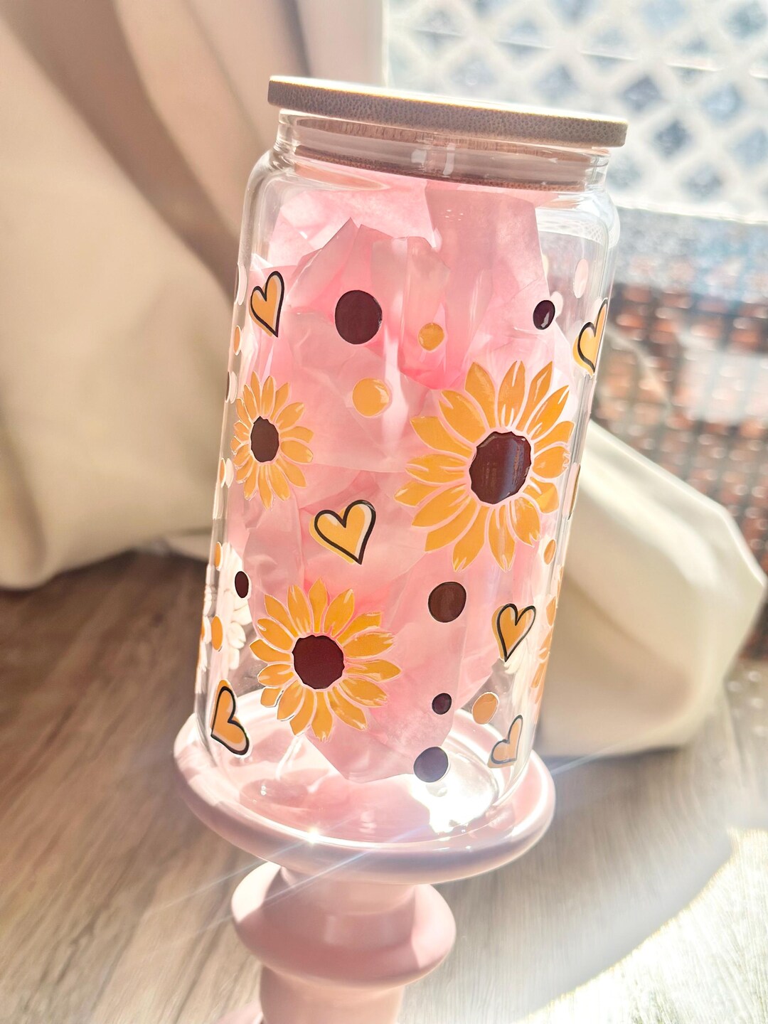 Sunflower Glass Can Cups, Floral Glass Can Tumblers, Sunflower Glass ...