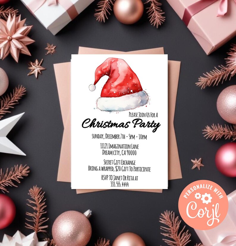 Santa Hat Digital Party Invitation, Editable and Printable Party ...