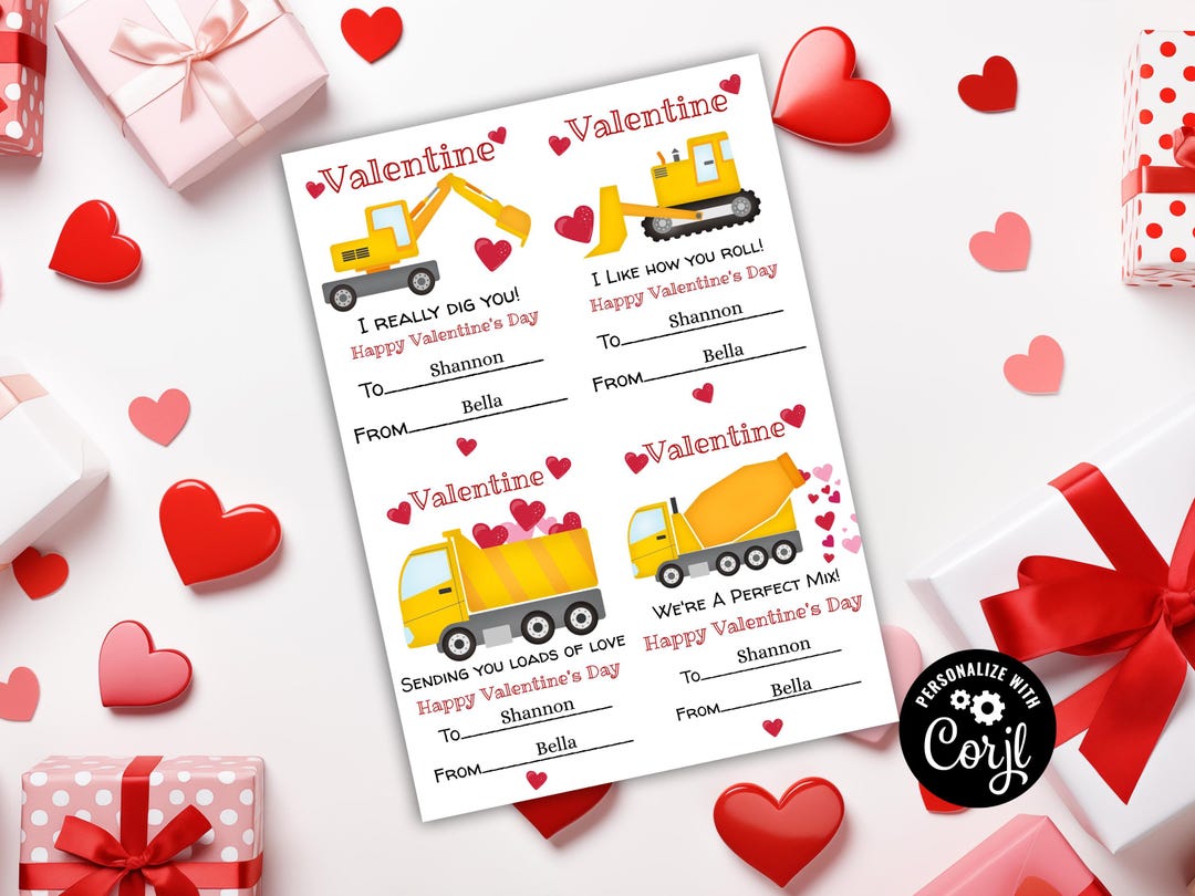 PRINTABLE Construction Valentine Cards / Kids Construction Valentine ...