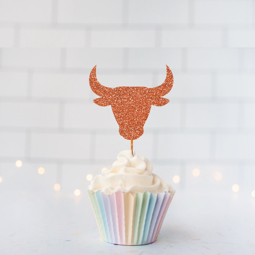 Glitter Bull Head Cupcake Toppers, Western Party Decor, Cowboy Theme ...