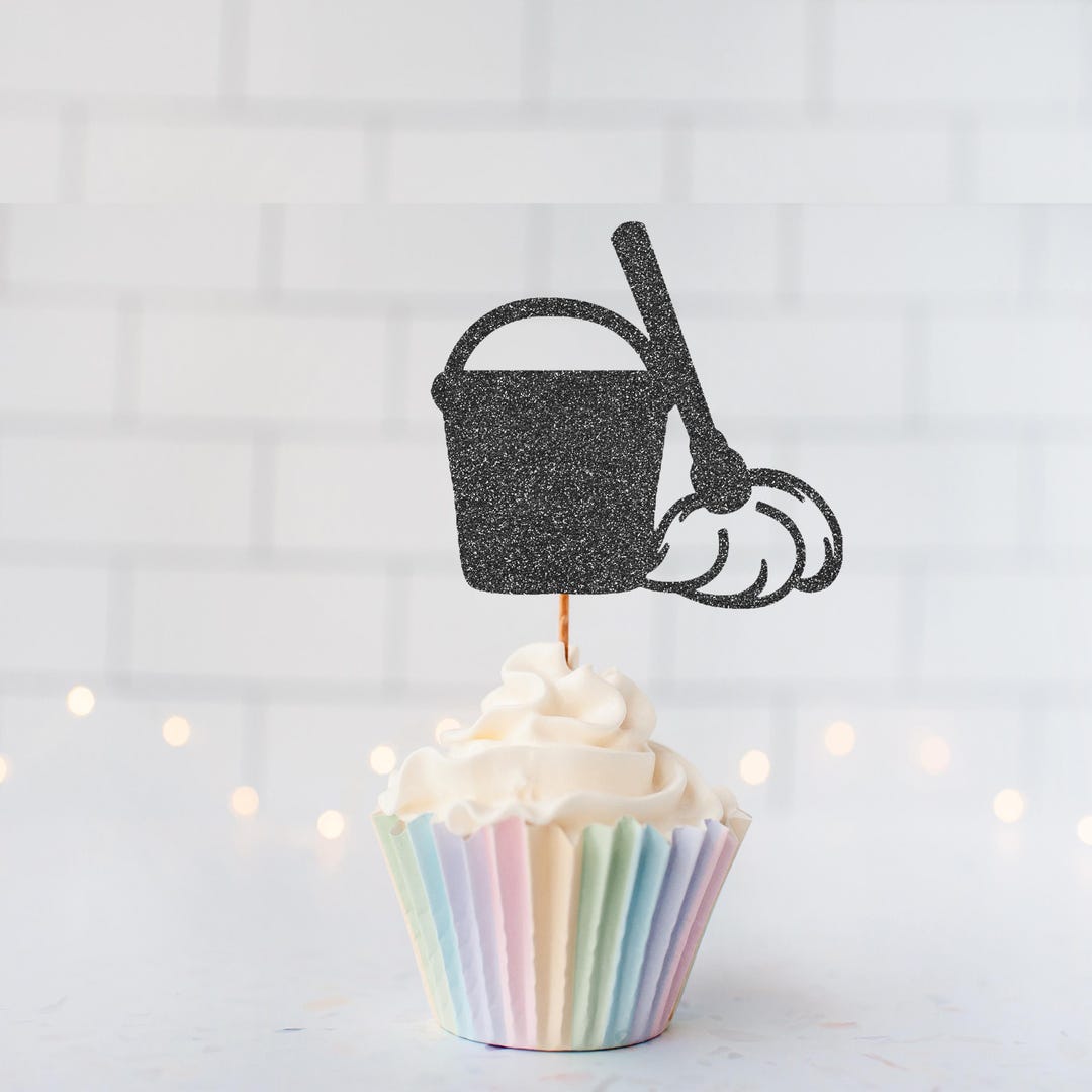 Glitter Mop and Bucket Cupcake Toppers, Cleaning Theme Party, Janitor ...