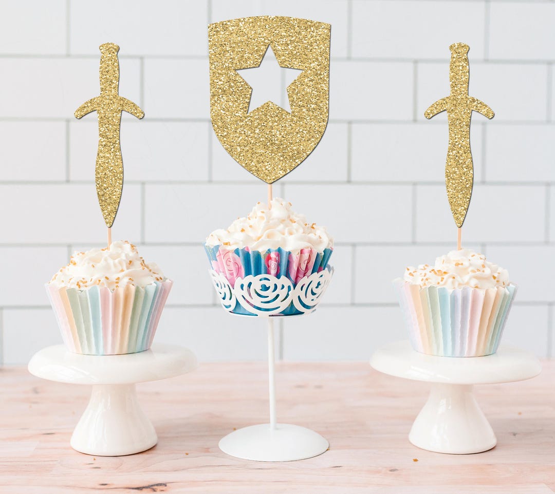 Glitter Sword and Shield Cupcake Toppers, Medieval Party, Knight Theme ...