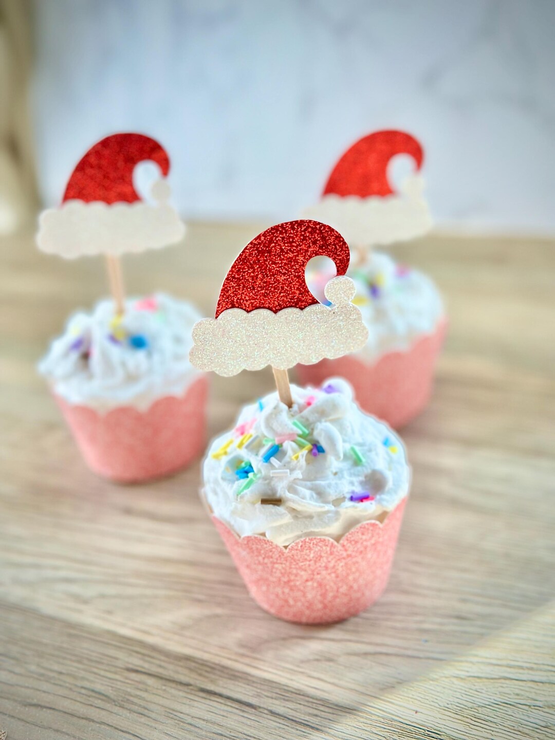 Glitter Santa Hat Cupcake Toppers, Layered Glitter Cupcake Toppers ...