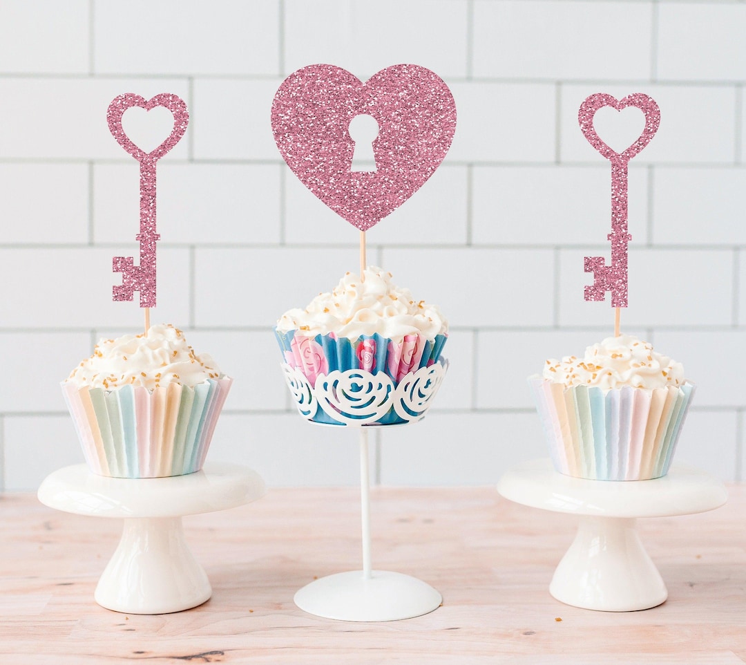 Glitter Heart Lock and Key Cupcake Toppers, Glitter Cupcake Toppers ...