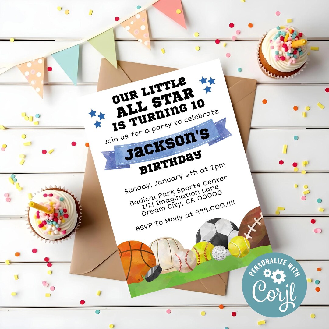 All Star Sports Party Invitation, Editable and Printable Party ...