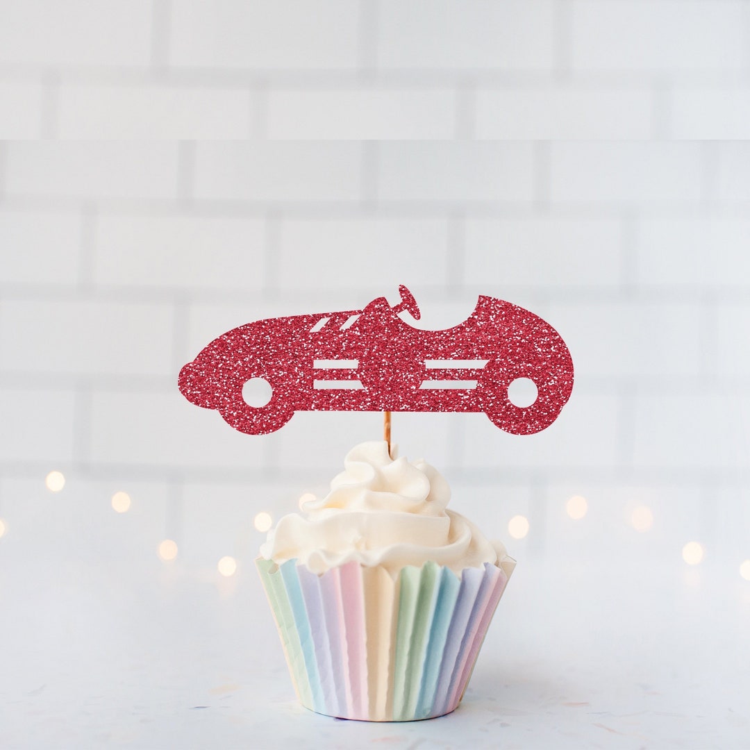 Glitter Race Car Cupcake Toppers, Racing Party, Fast Track Theme ...