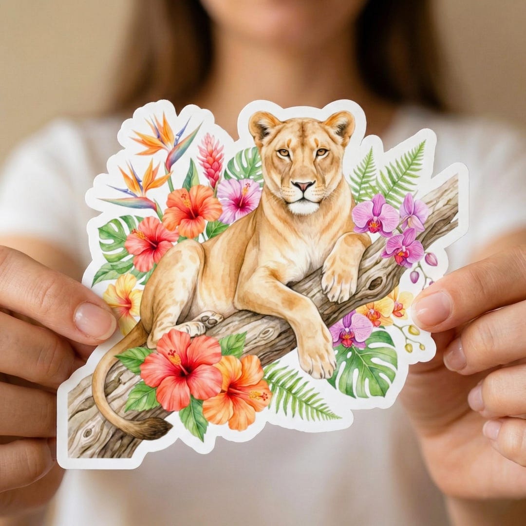 Watercolor Lioness Sticker - Tropical Floral Big Cat Decal - Jungle ...