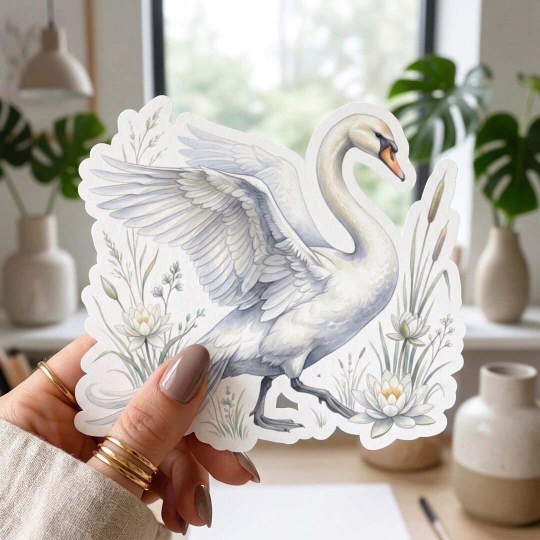 Elegant White Swan Watercolor Sticker With Water Lilies & Cattails ...