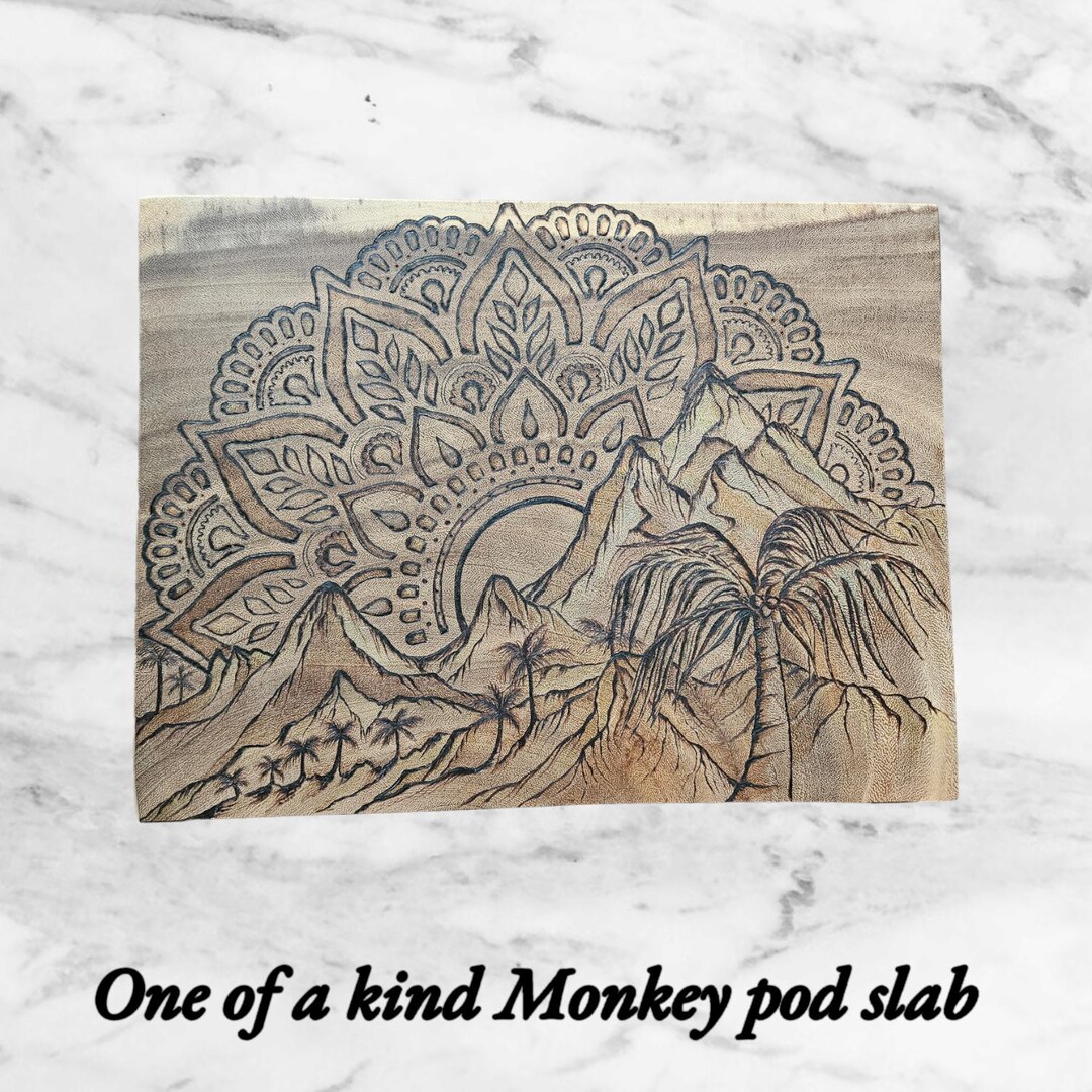 Mandala Mountain Pyrography on Monkey Pod Slab - Etsy