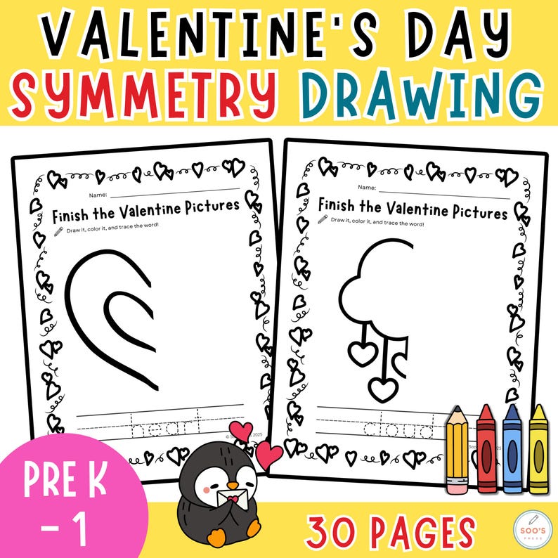 Valentine Symmetry Drawing Worksheets, Valentine's Day Finish the ...