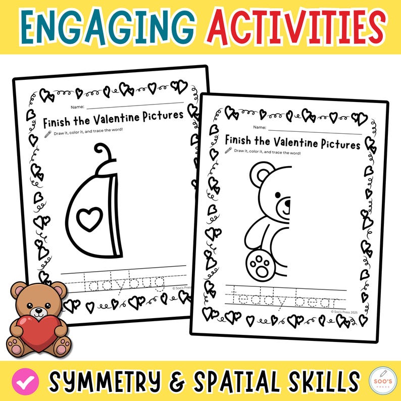 Valentine Symmetry Drawing Worksheets, Valentine's Day Finish the ...