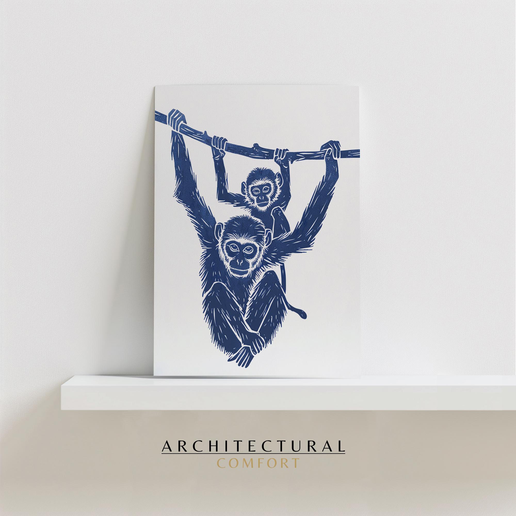 Linocut Spider-monkey Print, Monkey Poster, Blue Monkey Art, Kids Room ...