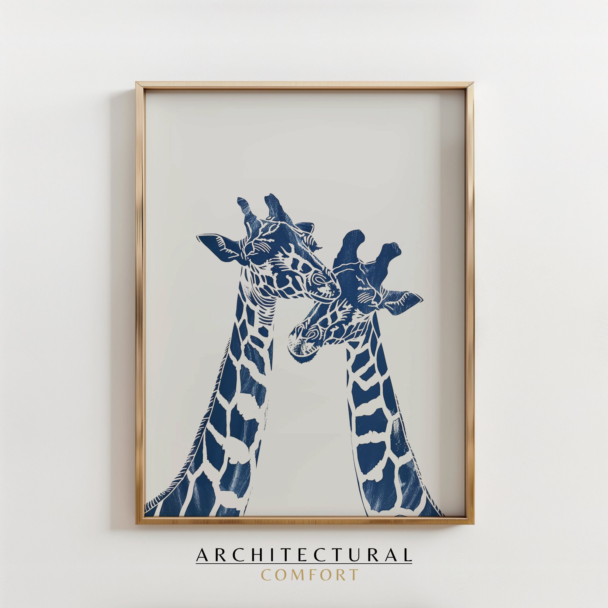Linocut Giraffe Print, Giraffe Poster, Blue Giraffe Art, Kids Room ...
