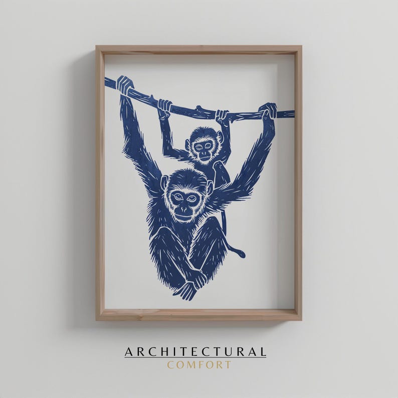 Linocut Spider-monkey Print, Monkey Poster, Blue Monkey Art, Kids Room ...