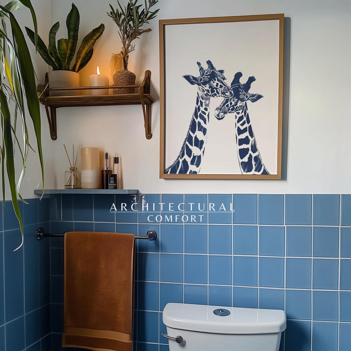 Linocut Giraffe Print, Giraffe Poster, Blue Giraffe Art, Kids Room ...