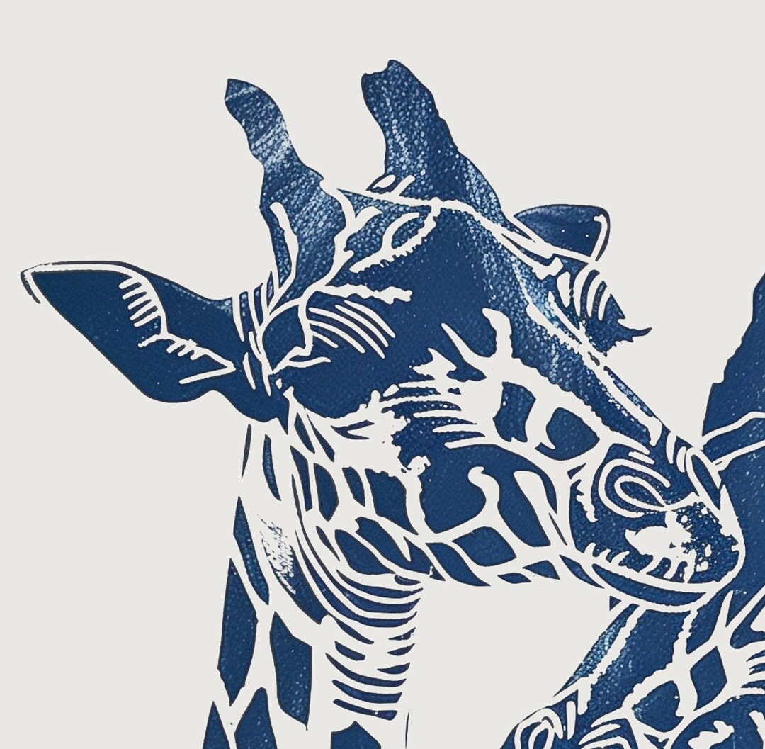 Linocut Giraffe Print, Giraffe Poster, Blue Giraffe Art, Kids Room ...