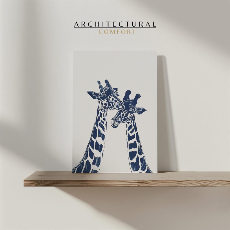 Linocut Giraffe Print, Giraffe Poster, Blue Giraffe Art, Kids Room ...
