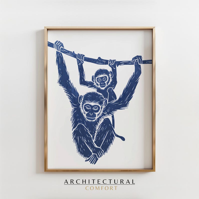 Linocut Spider-monkey Print, Monkey Poster, Blue Monkey Art, Kids Room ...