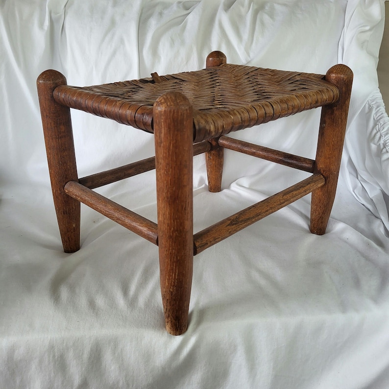 Vintage Primitive Wooden Shaker Foot Stool, Woven Splint Cane Seat ...