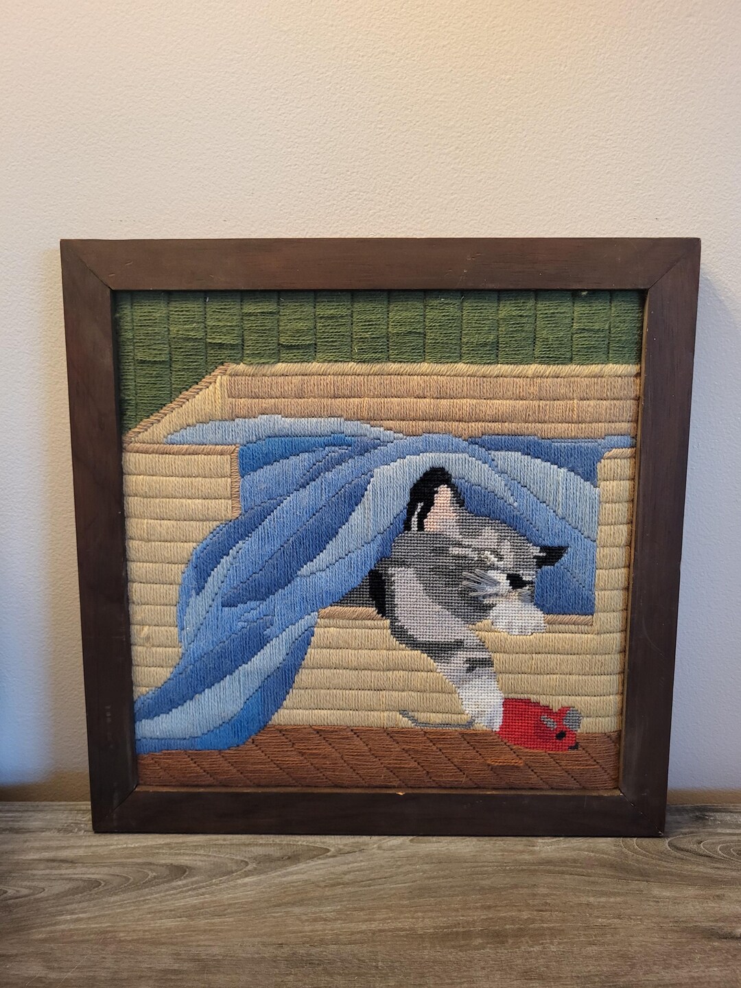 Vintage Square Sleeping Cat Crewel Embroidery Framed Wall Art - Etsy