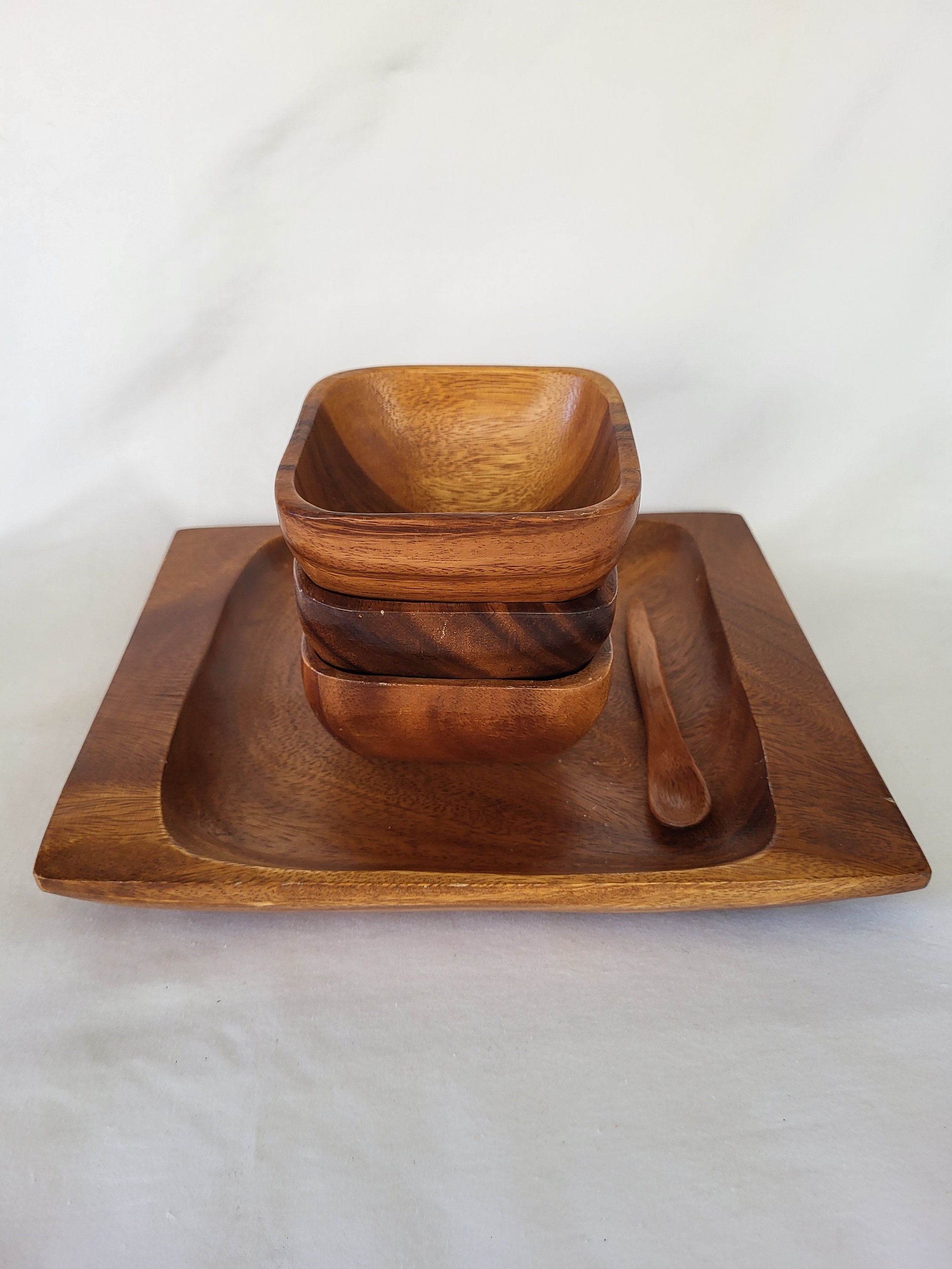Vintage Hand Carved Wood Serving Set: Tray, Bowls, Spoon. Philippines ...