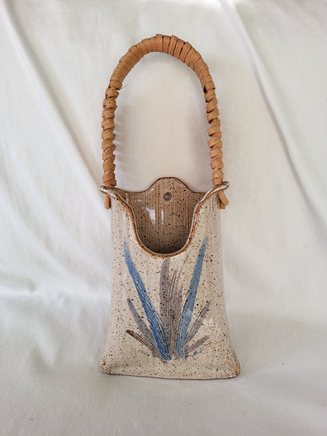 Studio Pottery Stoneware Wall Pocket, Woven Wicker Handle, Abstract ...