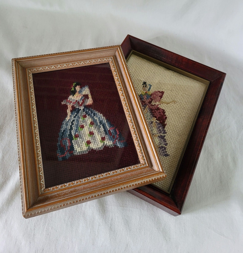 Pair of Vintage Needlepoint Embroidery Old Fashioned Ladies in Gowns ...