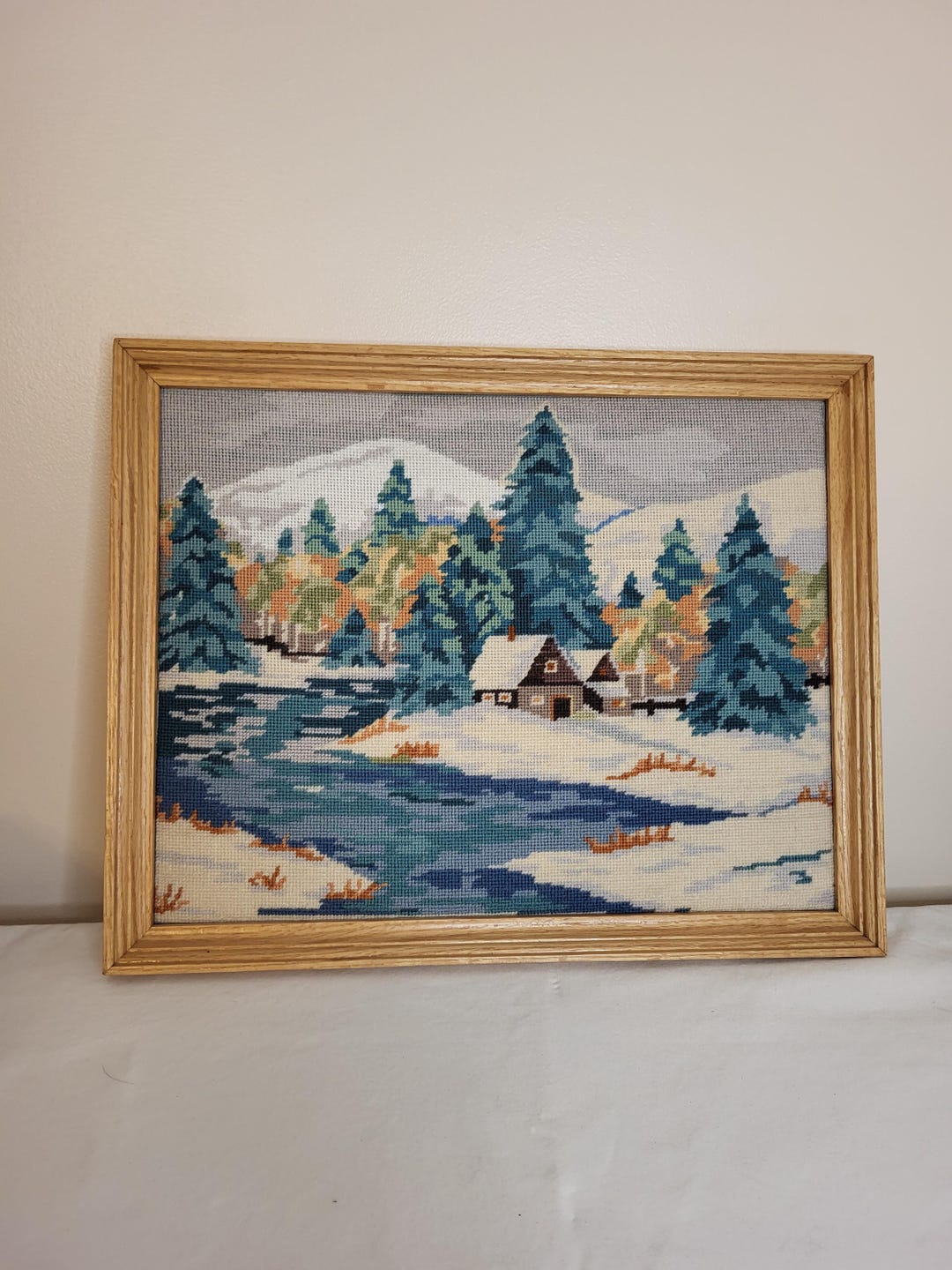 Vintage Winter Needlepoint Art Landscape, Wood Frame - Etsy