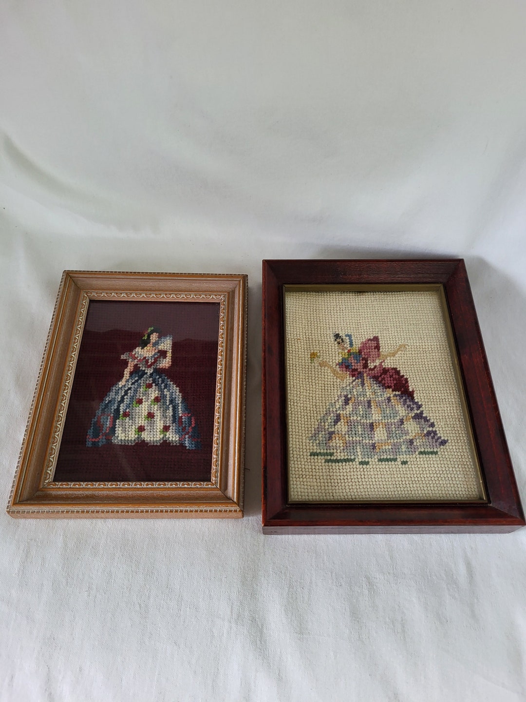 Pair of Vintage Needlepoint Embroidery Old Fashioned Ladies in Gowns ...