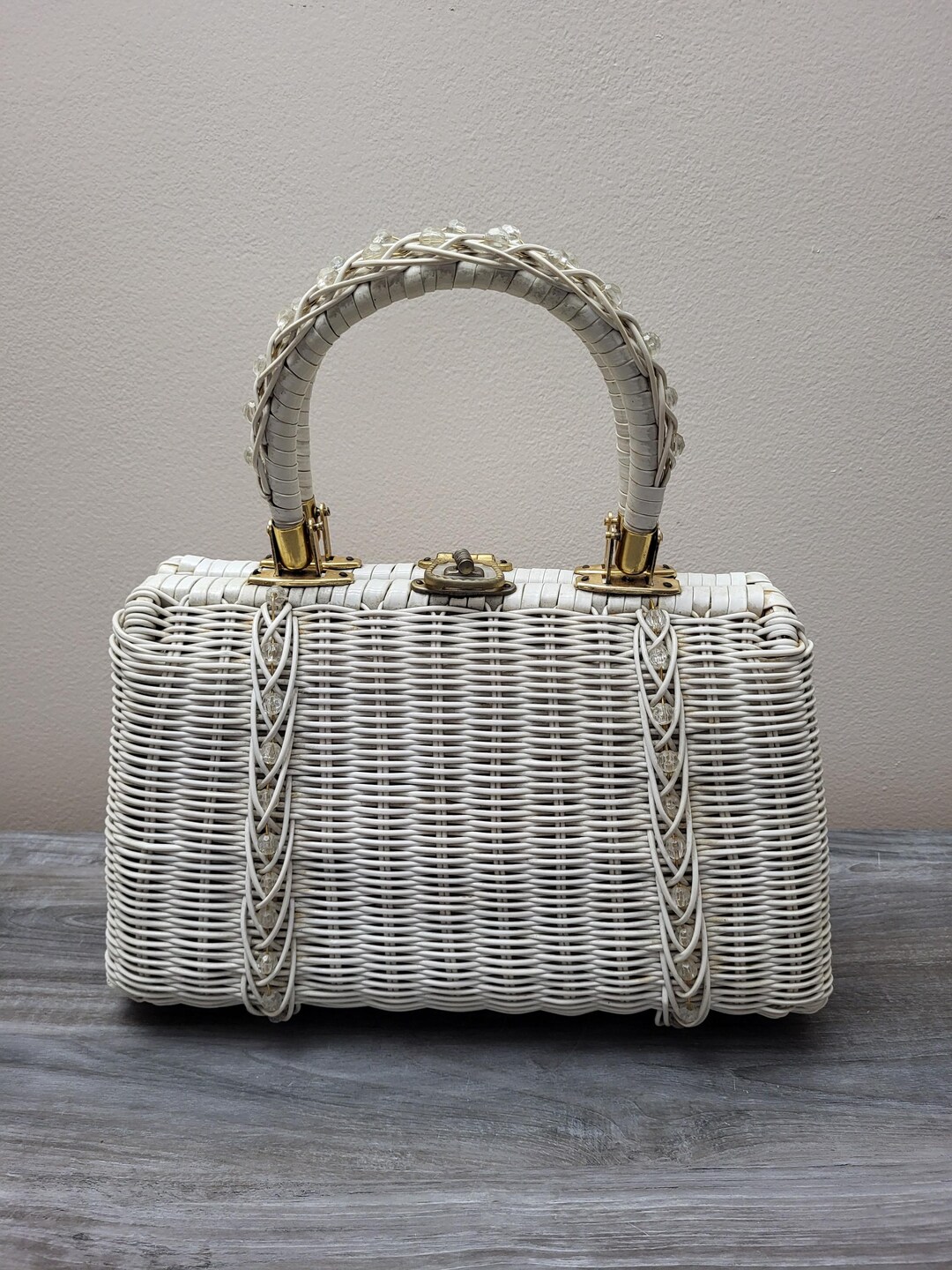 Vintage White Coated Wicker Woven Top Handle Bag, Turn Lock Closure ...