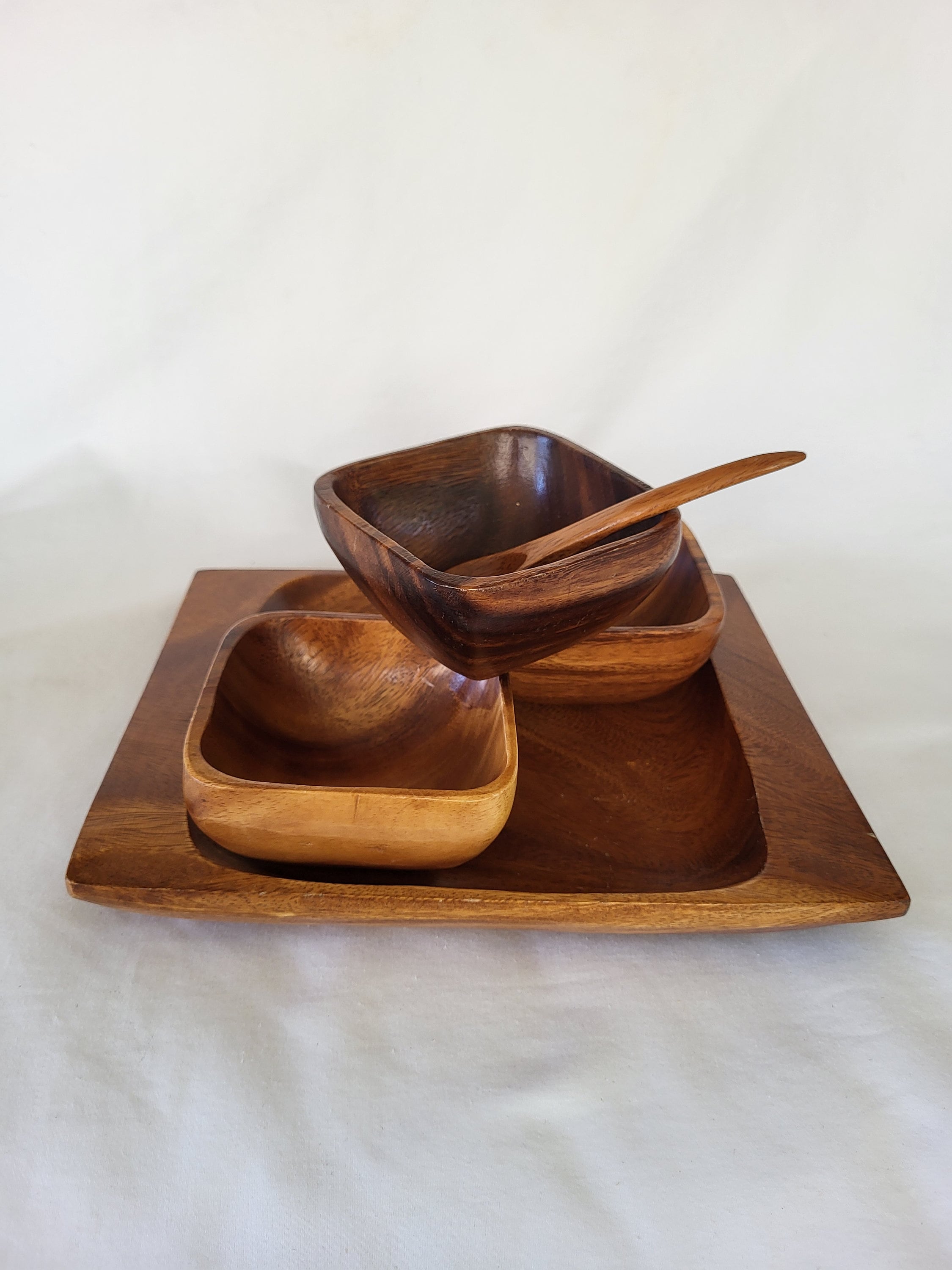 Vintage Hand Carved Wood Serving Set: Tray, Bowls, Spoon. Philippines ...