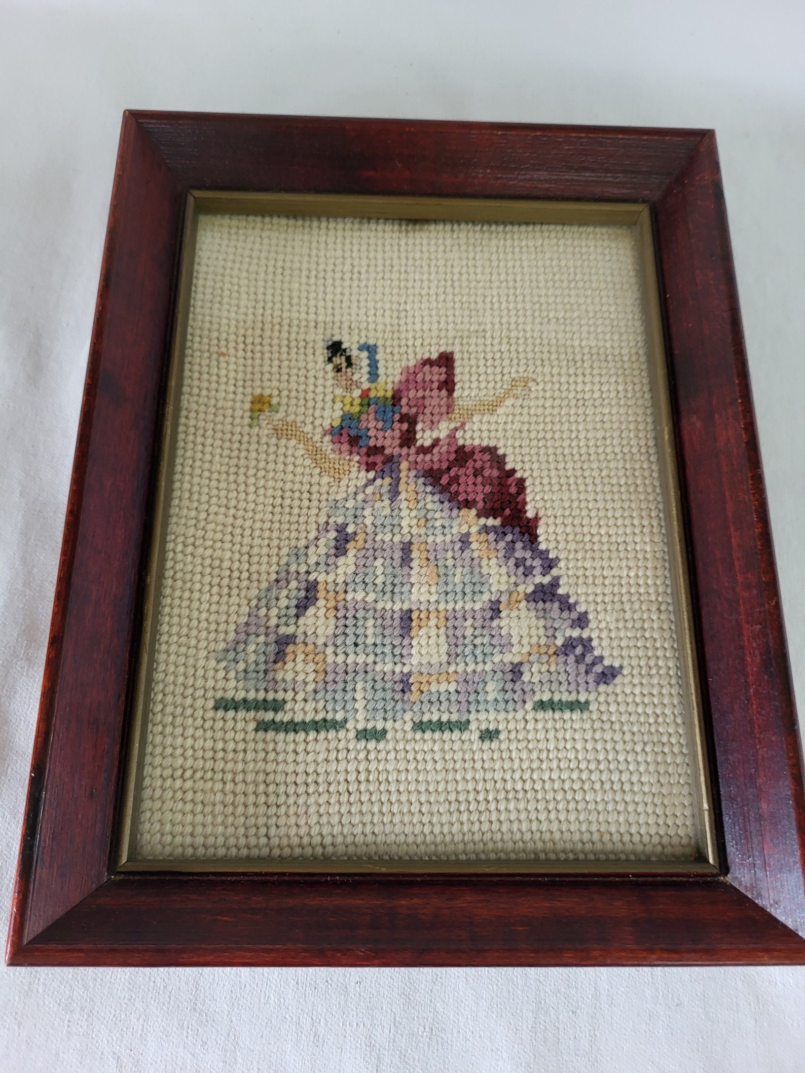Pair of Vintage Needlepoint Embroidery Old Fashioned Ladies in Gowns ...