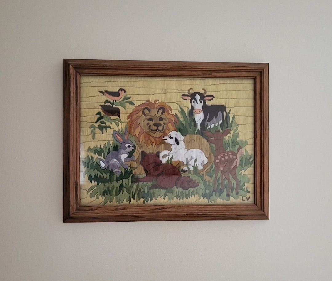 Vintage Animal Crewel Art Yarn Embroidery Framed Wall Hanging, Nursery ...