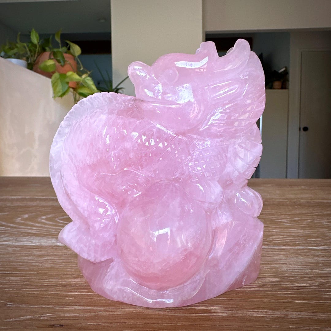 Rose Quartz Crystal Dragon Habd Carving Decoration Crystal Carved ...