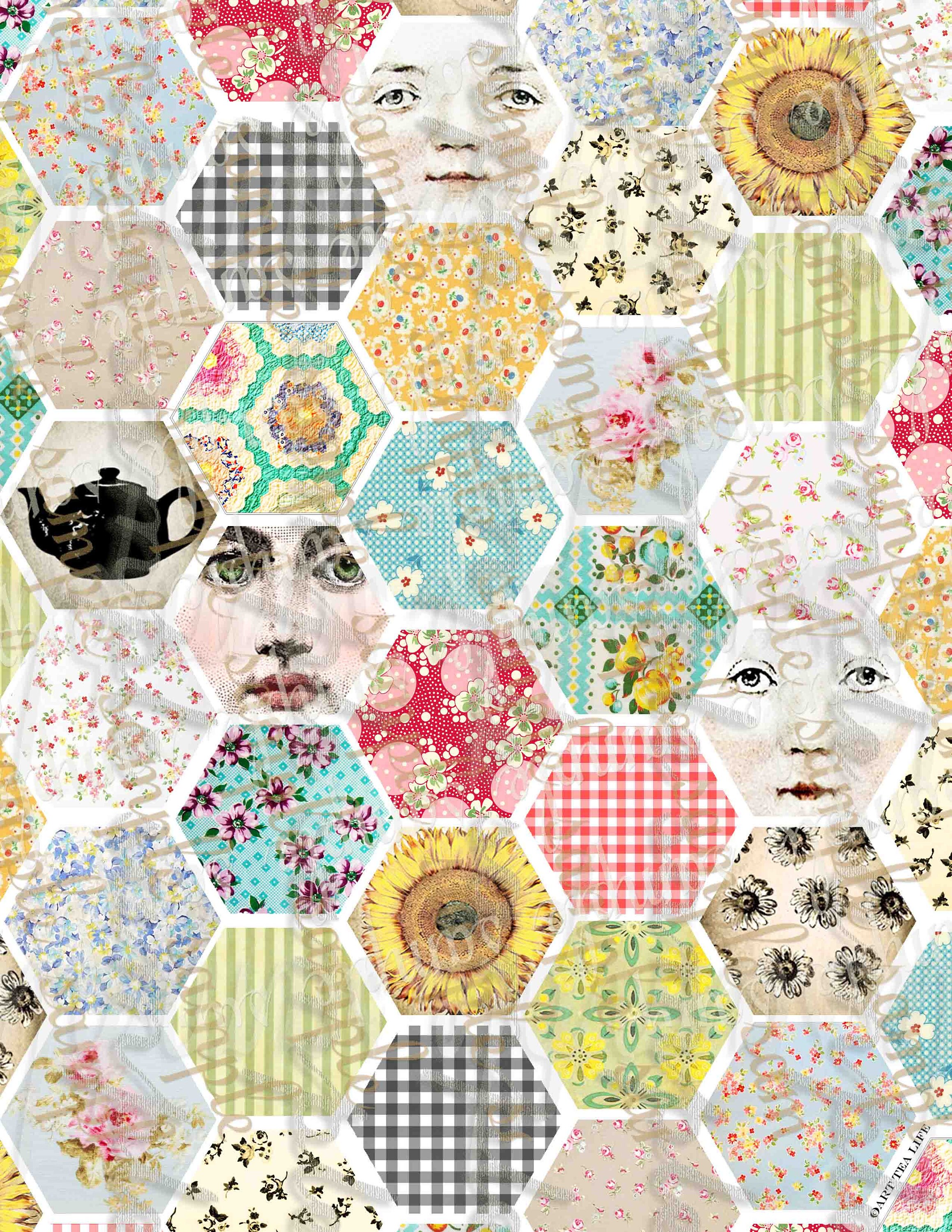 ART TEA LIFE Hexagon Collage Sheet Digital File Band Trim Tag ...