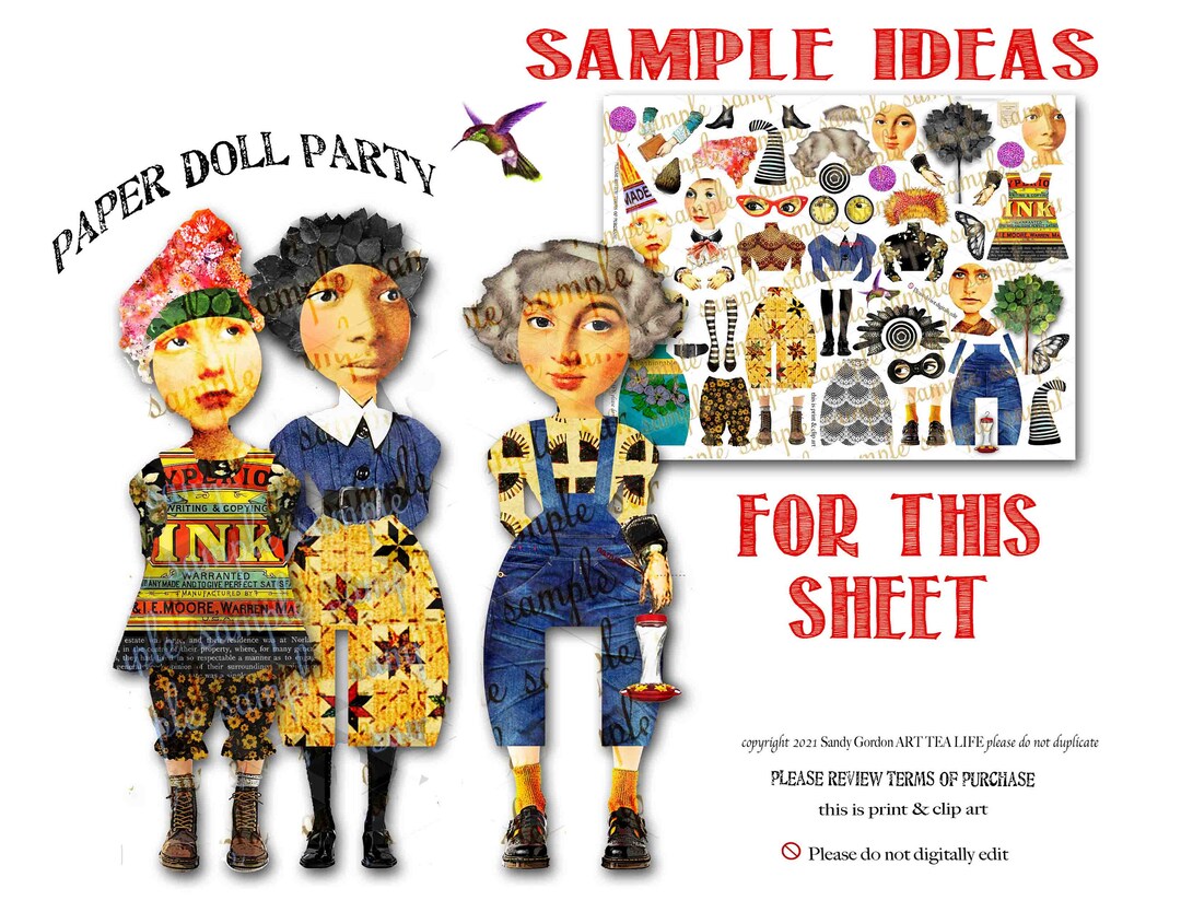 ART TEA LIFE Paper Doll Party Collage Sheet Digital File Gift Tag Card ...