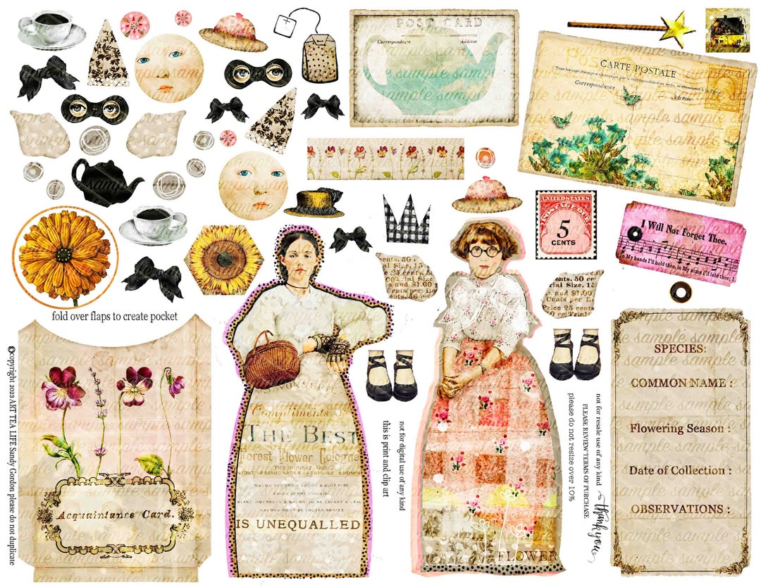 ART TEA LIFE Pocket Flower Paper Doll Collage Sheet Printable Download ...
