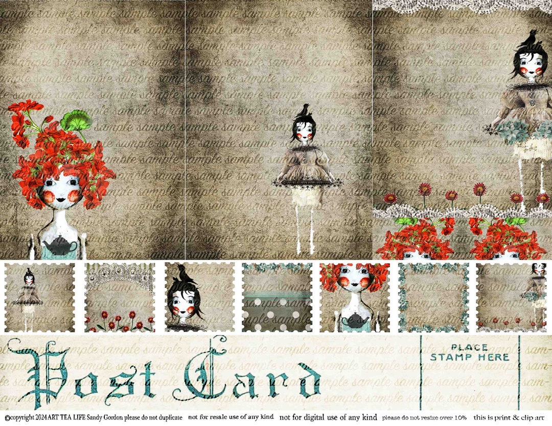 ART TEA LIFE Doll Mail Strip Set Cards Collage Sheet Digital File Gift ...