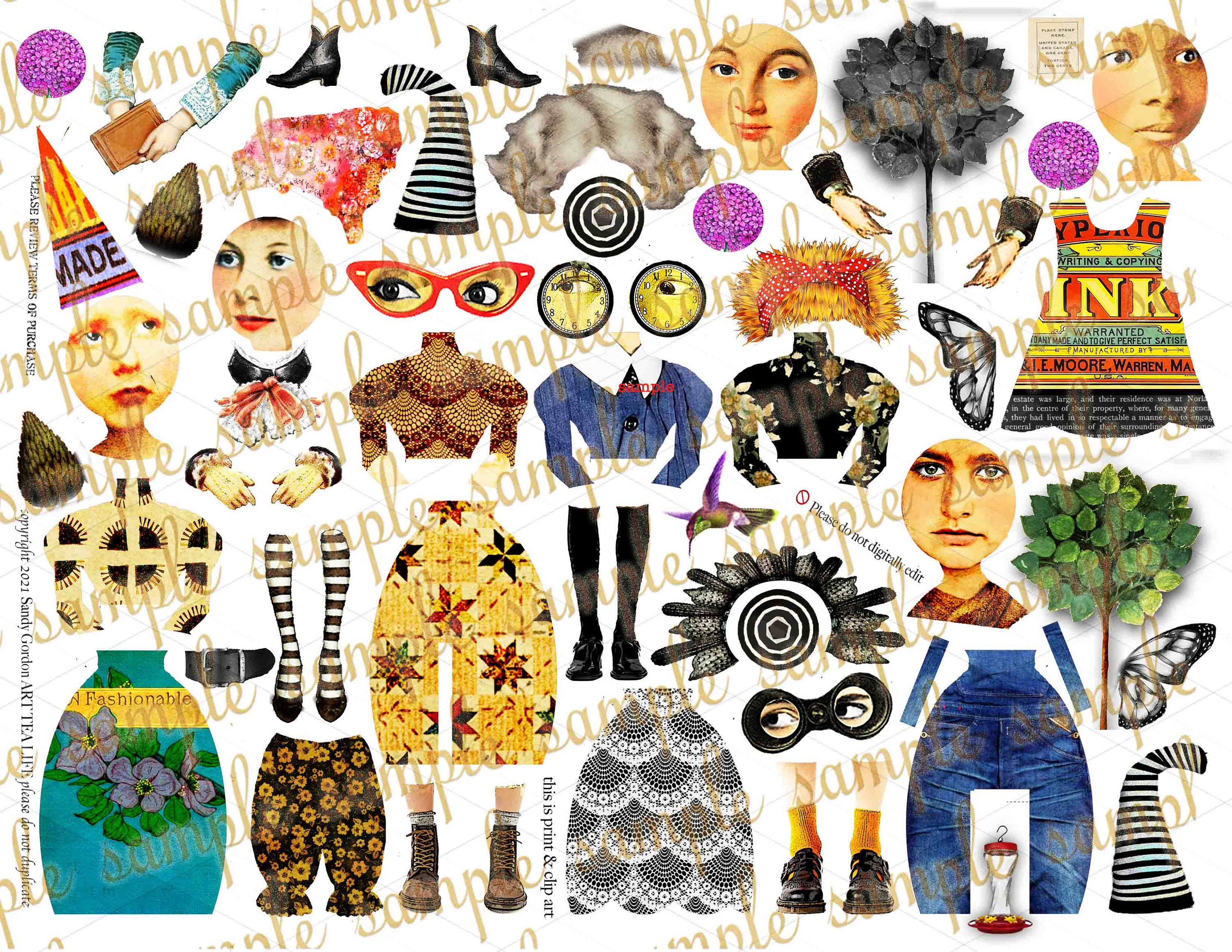 ART TEA LIFE Paper Doll Party Collage Sheet Digital File Gift Tag Card ...