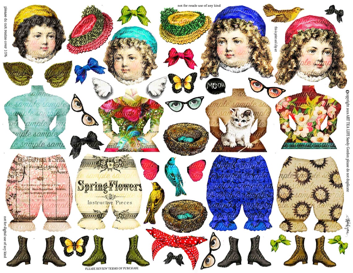 ART TEA LIFE Spring Bloomers Paper Dolls Collage Sheet Printable ...