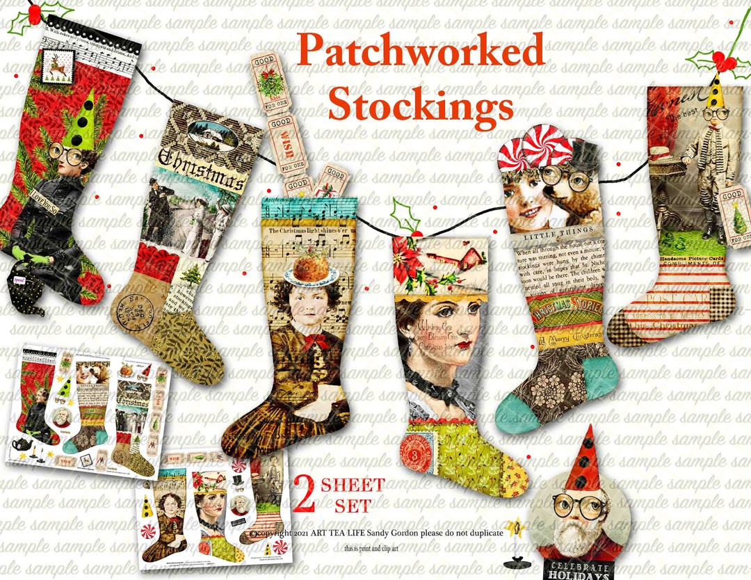 ART TEA LIFE Patchwork Stockings Christmas Collage Sheet Set 2 Digital ...