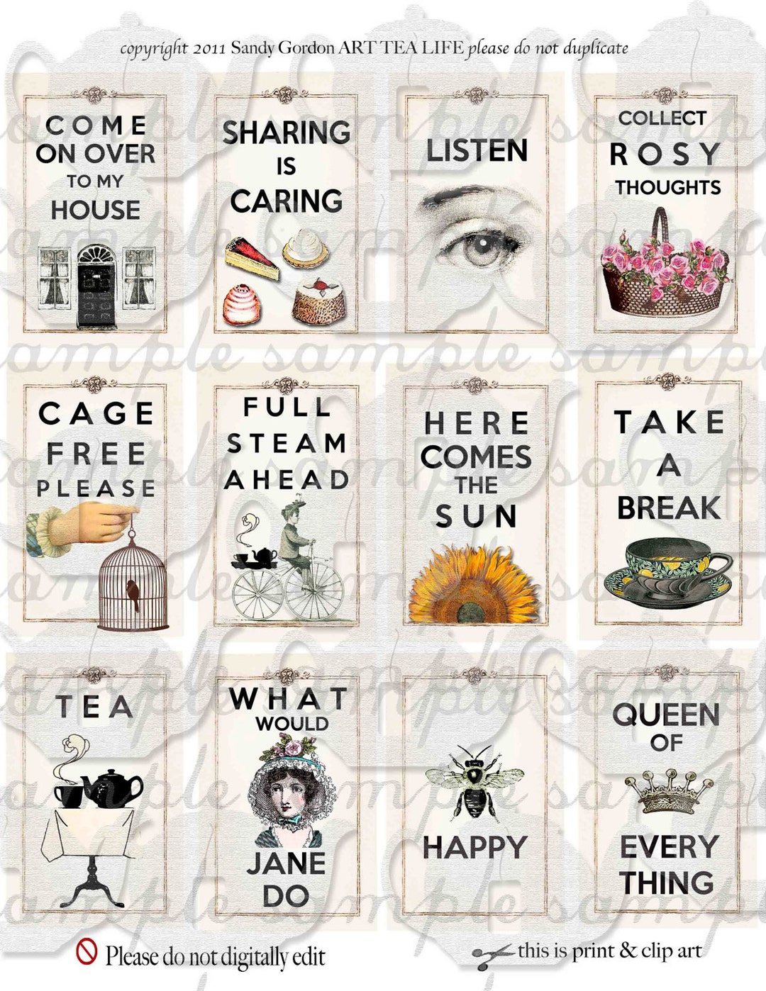 ART TEA LIFE Cards by the Dozen 2 Collage Sheet Digital File Gift Tag ...