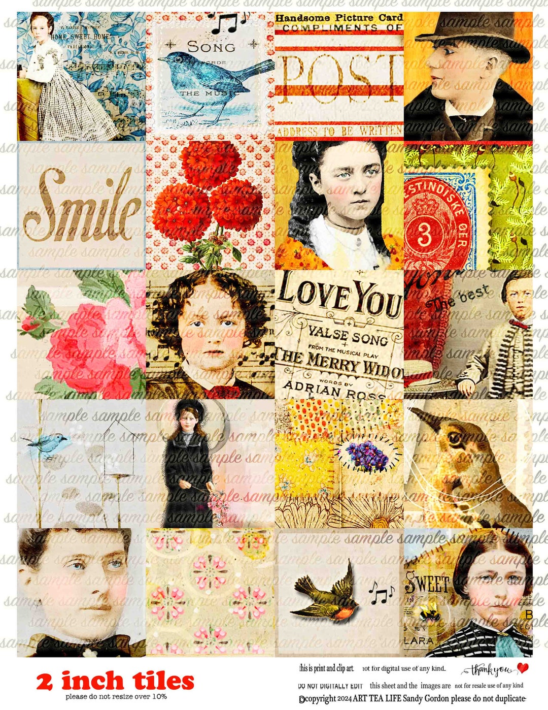 ART TEA LIFE Sweet Smile 2x2 Inch Tile Collection Collage Sheet Digital ...