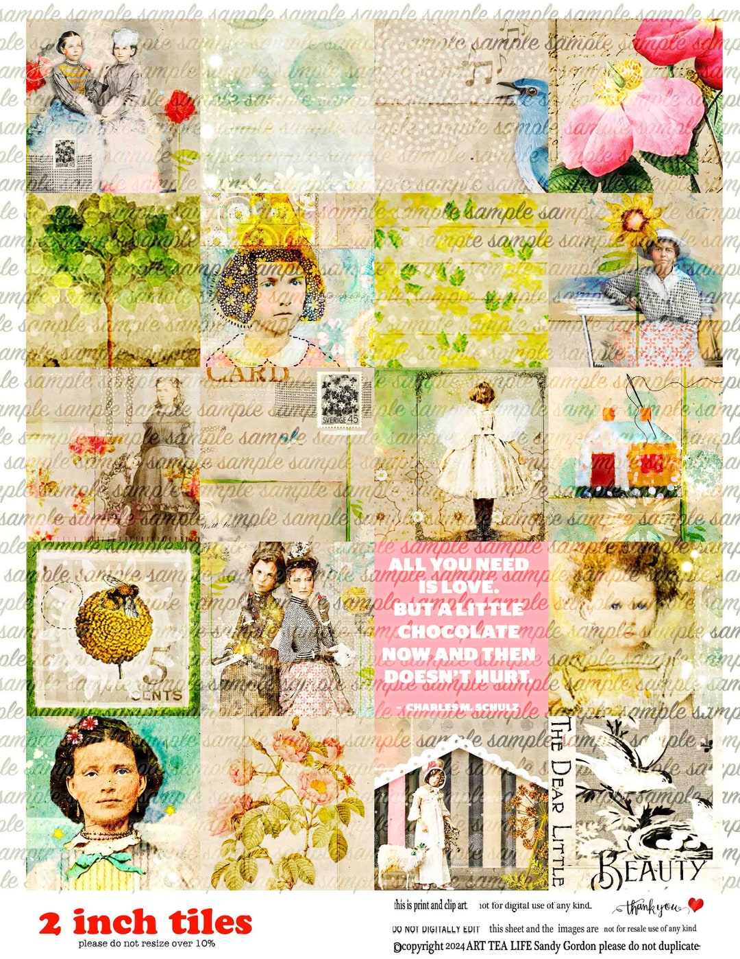 ART TEA LIFE Sings in Flowers 2x2 Inch Tile Collection Collage Sheet ...