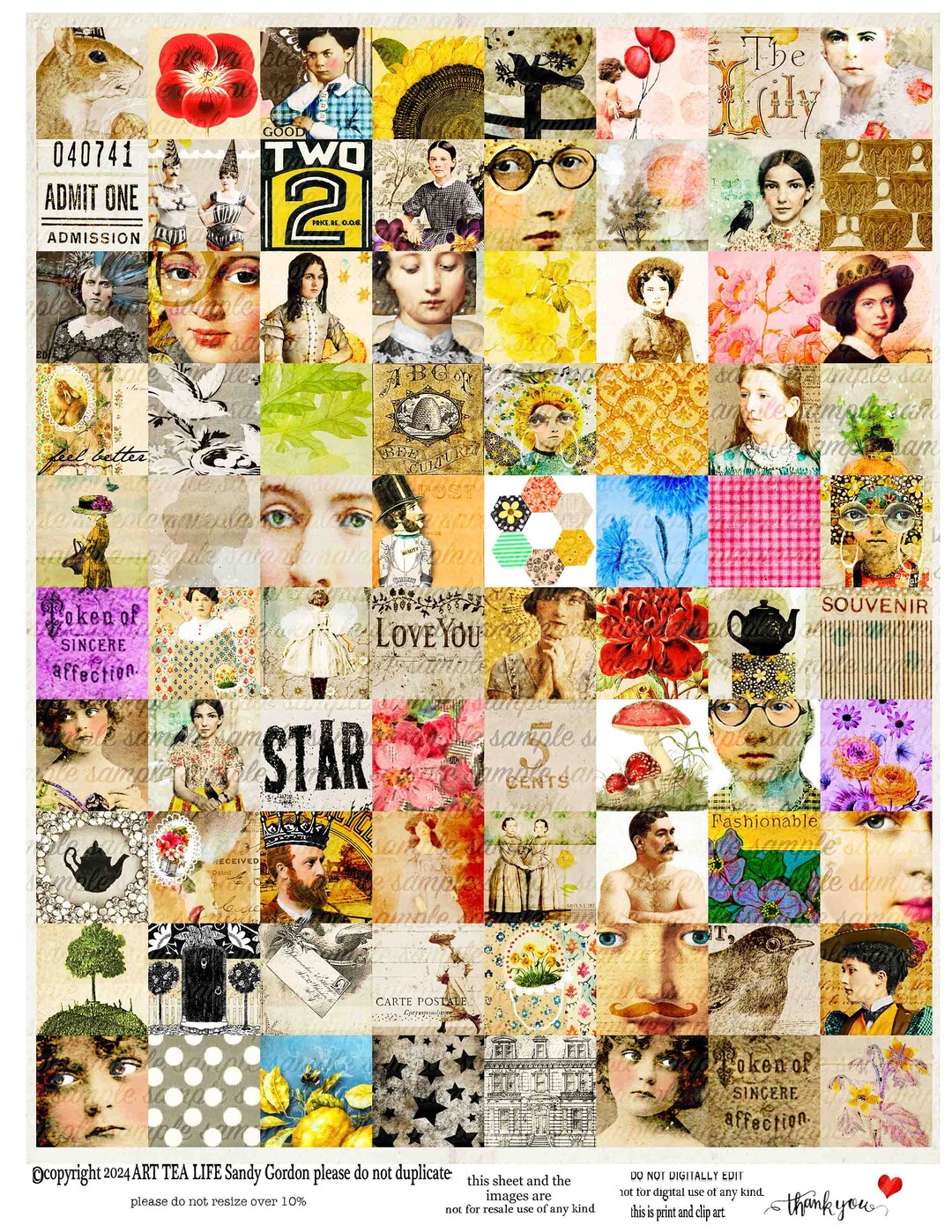 ART TEA LIFE Tiny Tokens Tile Collection Collage Sheet Digital File ...