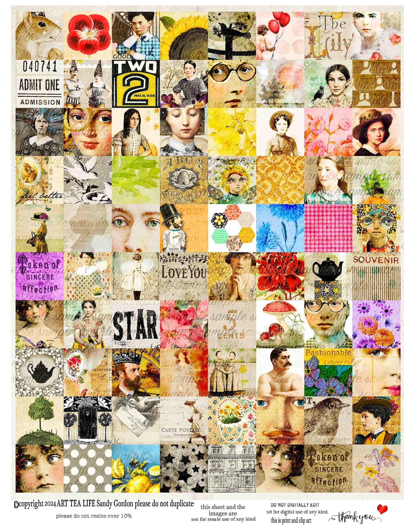 ART TEA LIFE Tiny Tokens Tile Collection Collage Sheet Digital File ...
