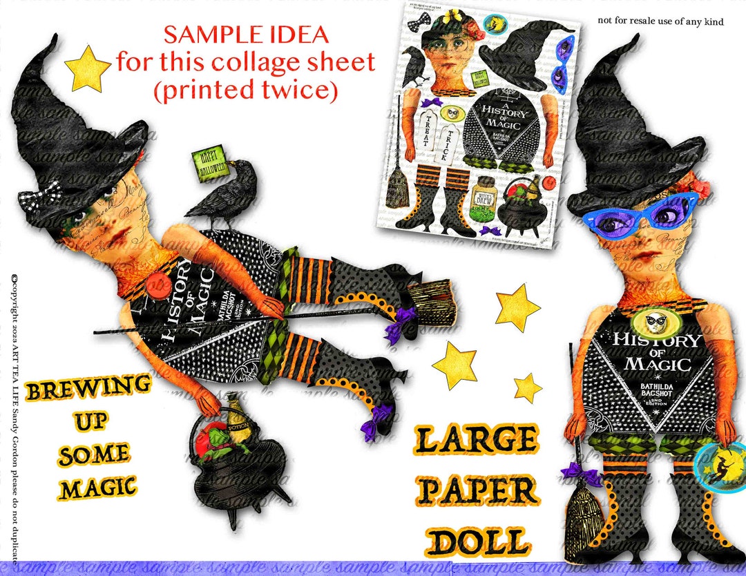 ART TEA LIFE Brew Some Halloween Magic Large Paper Doll Collage Sheet ...
