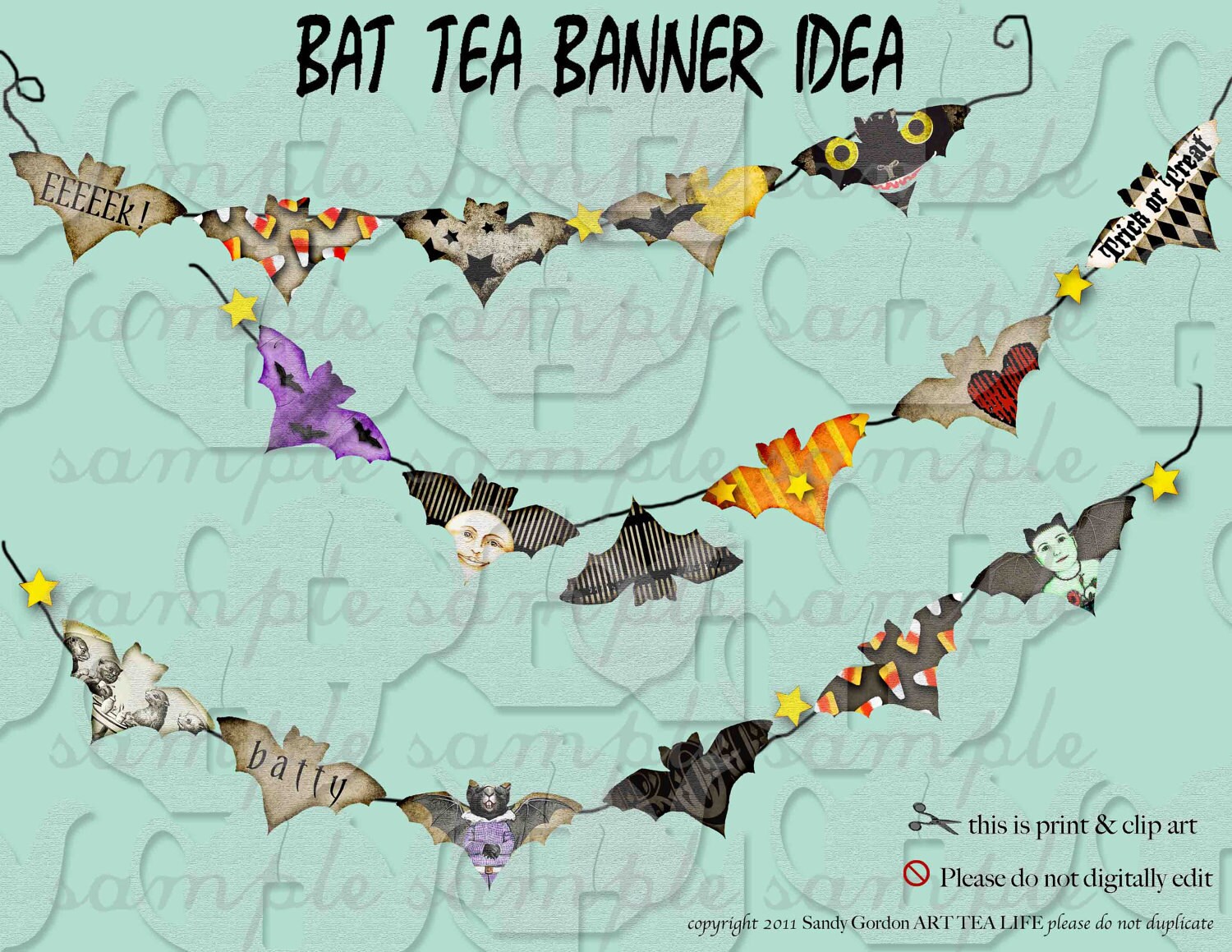 Bat Tea Sheet Digital Collage Sheet File ART TEA LIFE Clip Art Banner ...