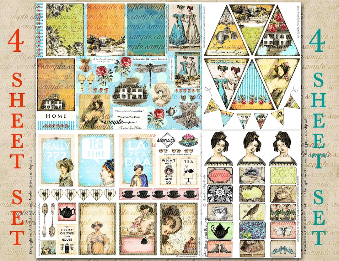 ART TEA LIFE Pemberley Tea and Gossip Jane Austen Collage Sheet Set ...