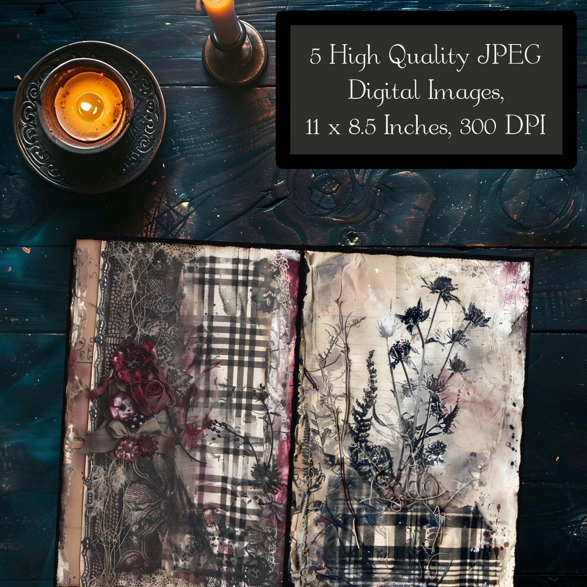 Gothic Tartan Junk Journal Pages, Dark Checked Mixed Media Scrapbook ...